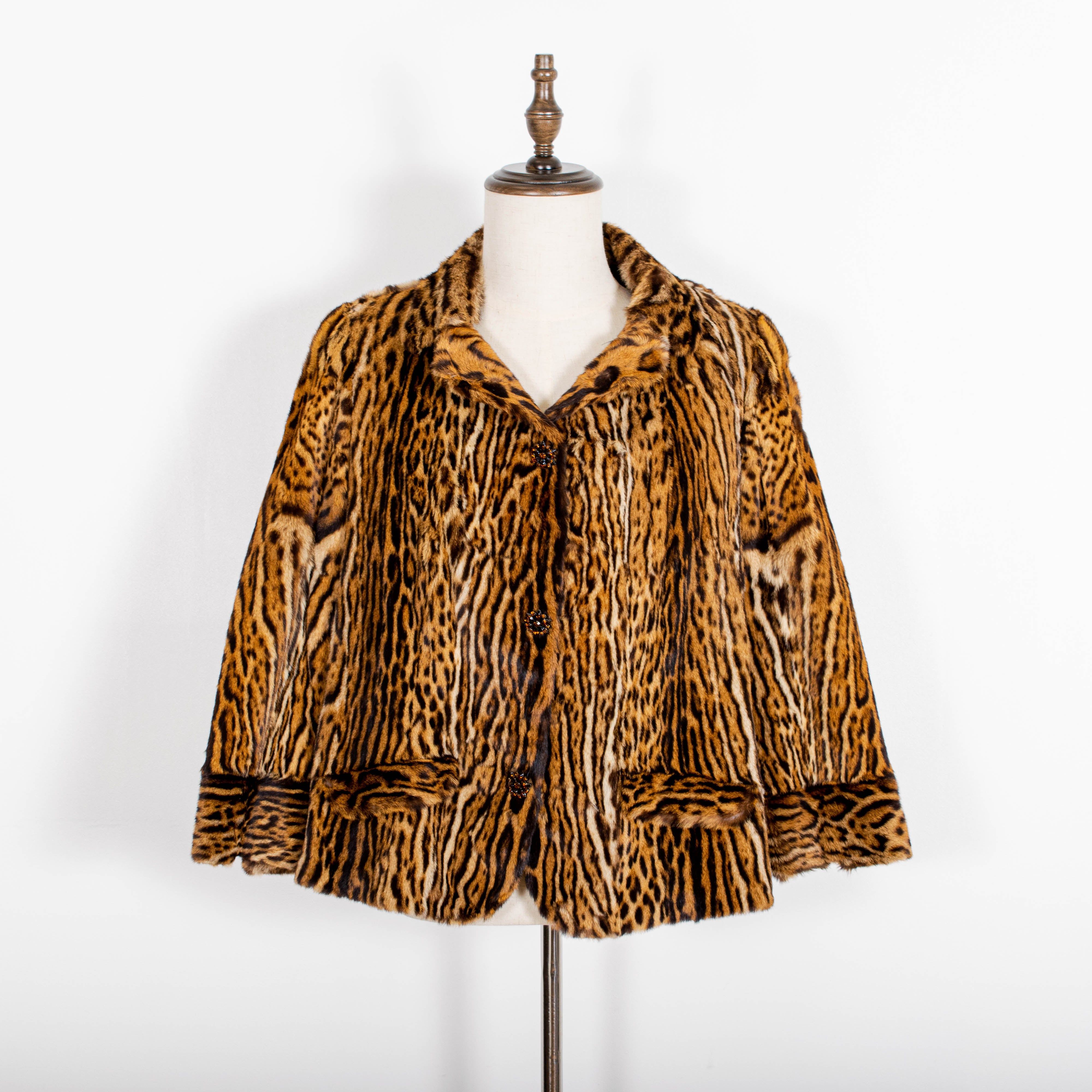 Vintage Real Ocelot Fur Brown Buttoned Short Overcoat Leopard Print ...