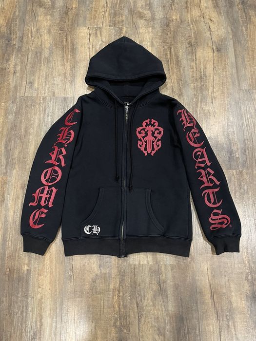 Chrome Hearts RARE Chrome Hearts Red Cemetery Cross Logo Zip Up Hoodie ...
