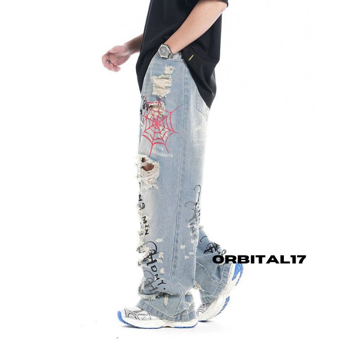 Jean × Streetwear Distressed Spider Graffiti Wide Leg Denim Jeans | Grailed
