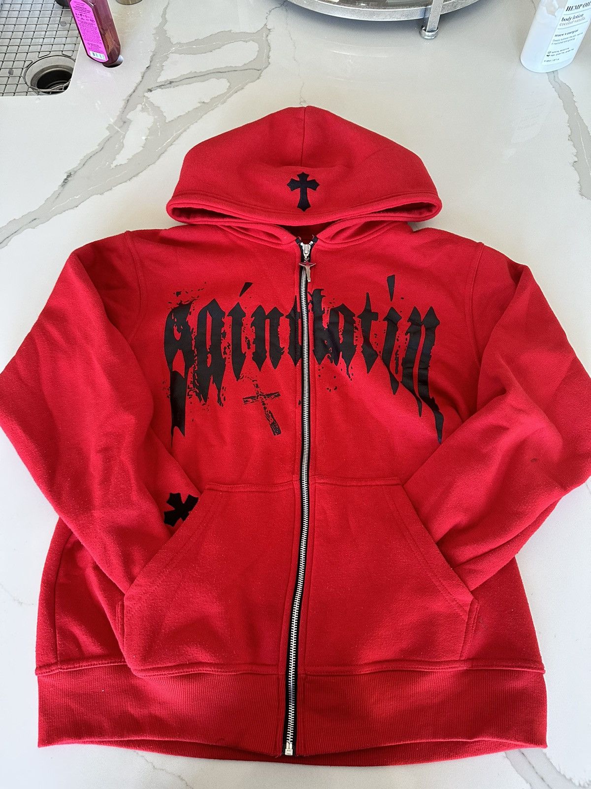 Streetwear Red ‘Saint Latin’ Hoodie | Grailed