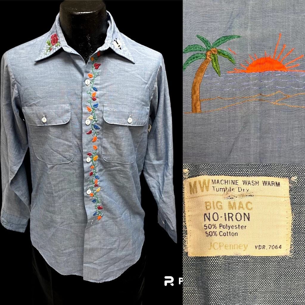 Big Mac 70's BIG MAC CHAMBRAY Embroidered Floral SUNSET Hippie Shirt ...