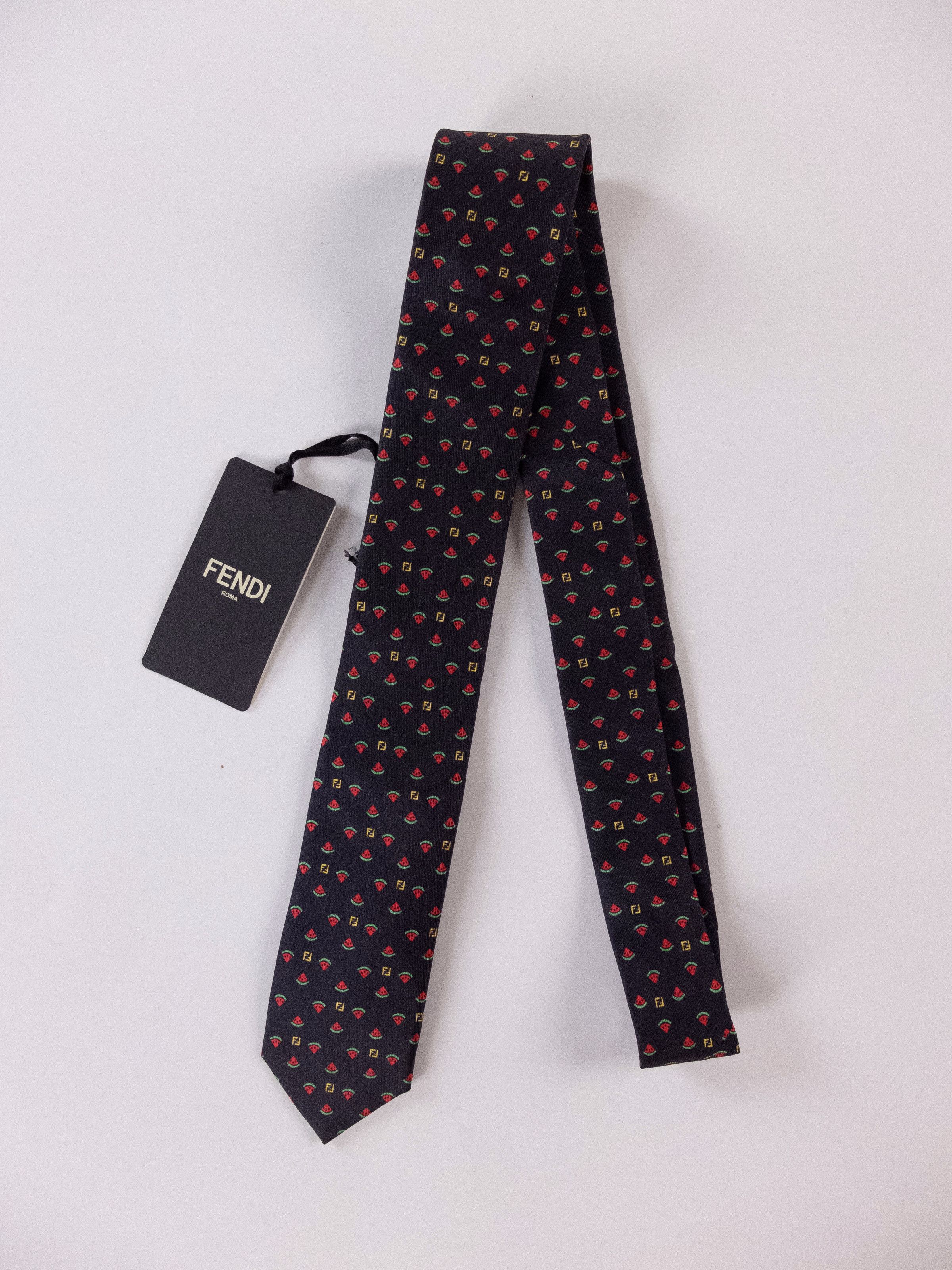 Fendi FENDI navy blue watermelon slice logo print skinny silk tie | Grailed
