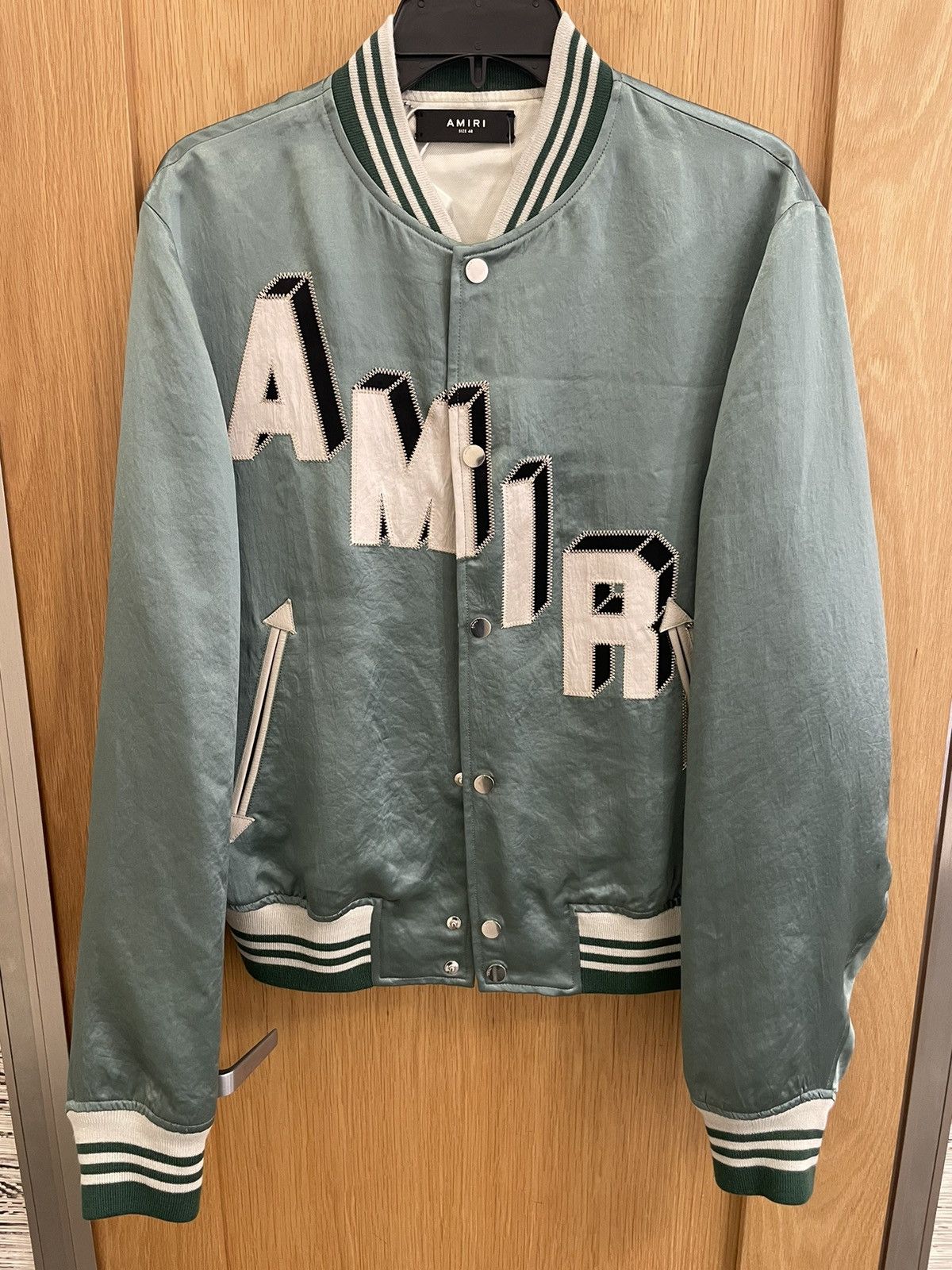 Amiri Amiri crop satin varsity bomber jacket | Grailed