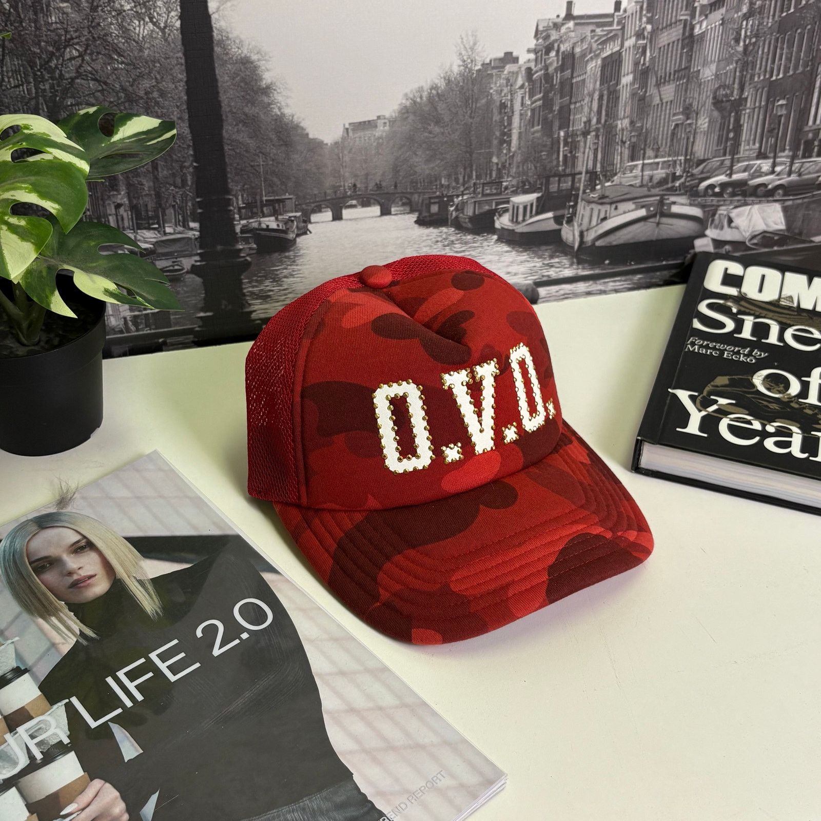 Bape BAPE × OVO Red ABC camo trucker hat cap A Bathing Ape | Grailed