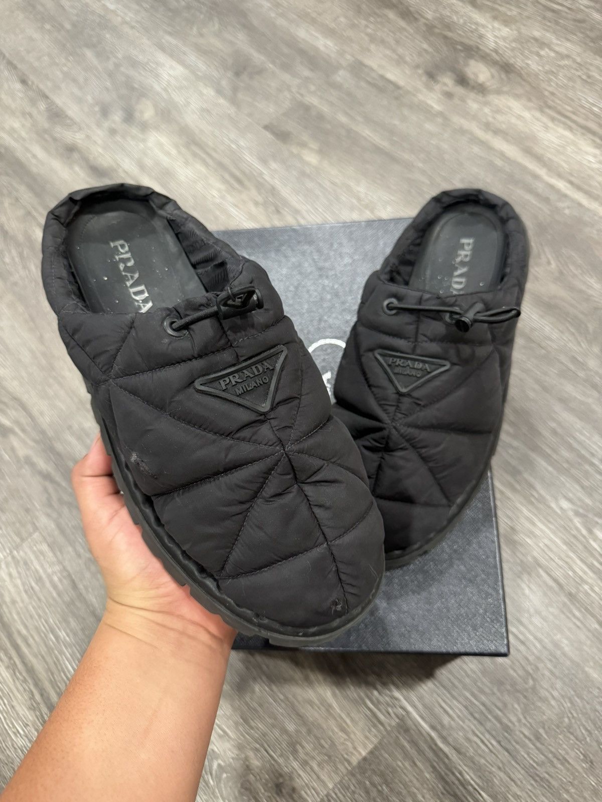 Prada Prada Triangle Logo Black Re-Nylon Puffer Slides Mules | Grailed