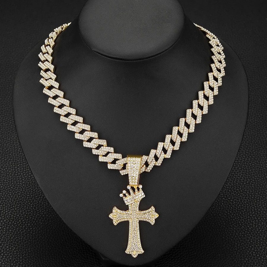 Cuban Link Chain Gold Color Cross Crown Pendant Cuban chain Necklace ...