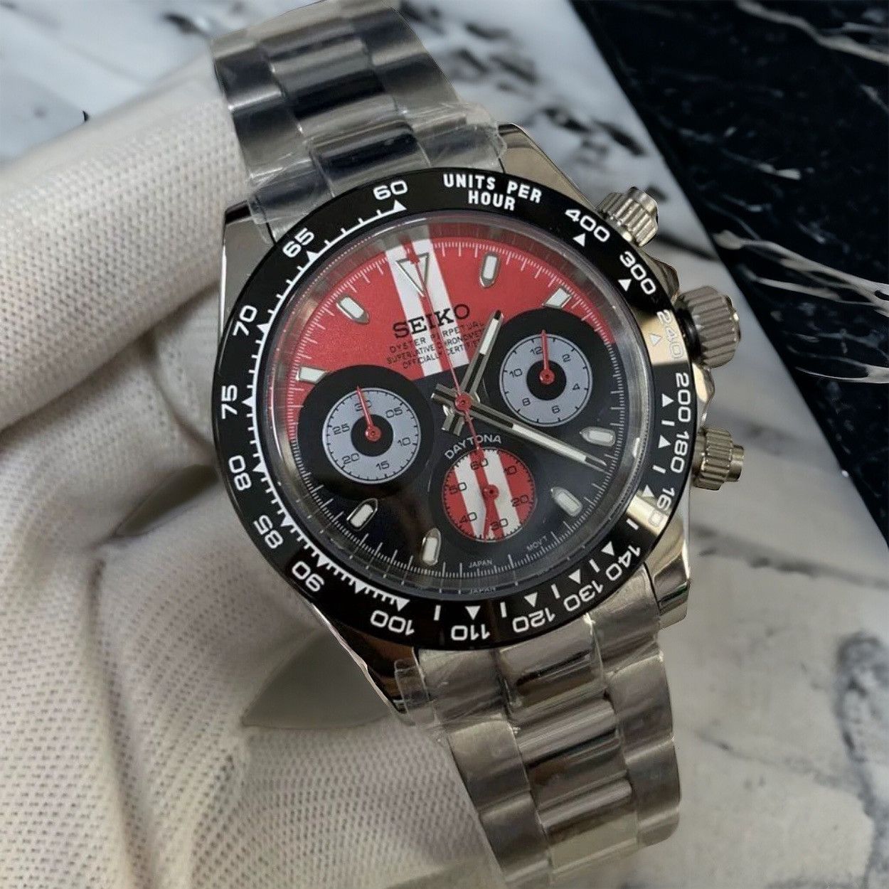 Seiko × Watch Seiko Mod Daytona Red Dial Stainless Steel luxury Watch ...