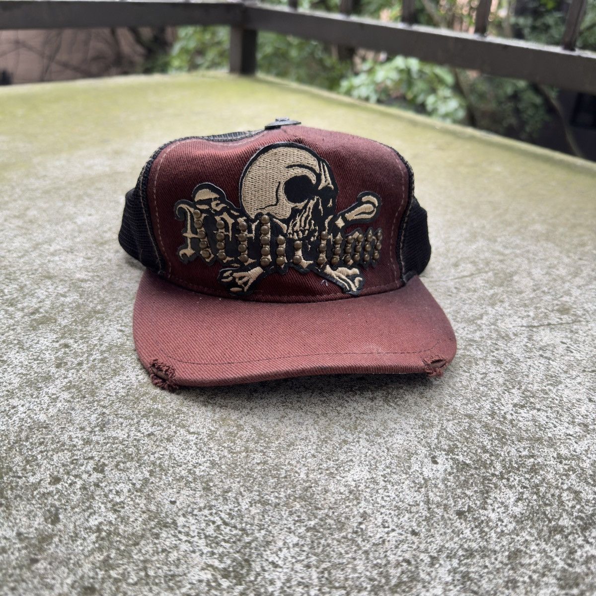 Vintage AFFLICTION FADED STUDDED SKULL LOGO MESH HAT | Grailed