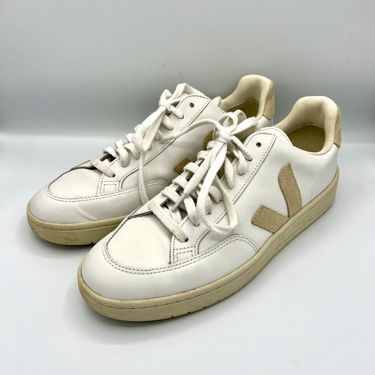 Veja VEJA V-12 White Leather Lace Up Camel Suede T2 Sneakers | Grailed
