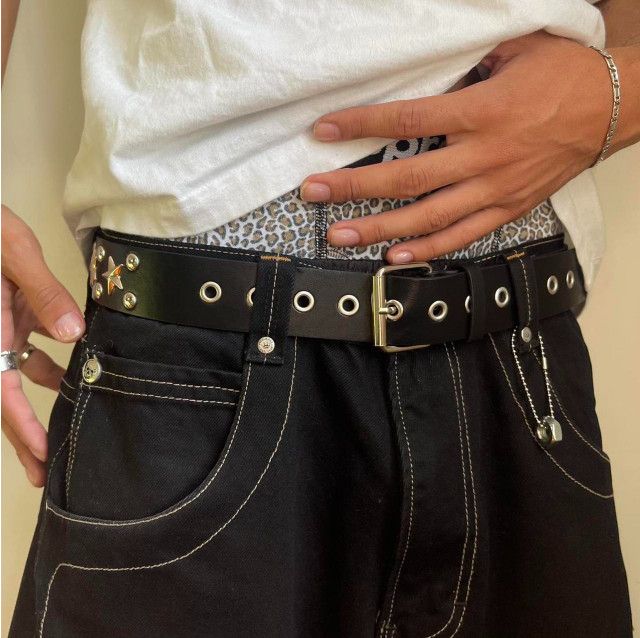 Designer Y2K 2000s big silver star studded goth grunge black belt | Grailed