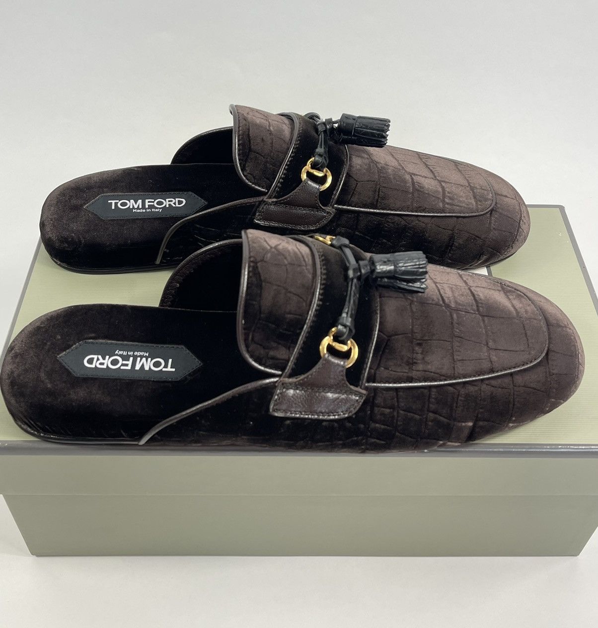 Tom Ford LEATHER TRIMMED CROC EFFECT VELVET SLIPPERS | Grailed
