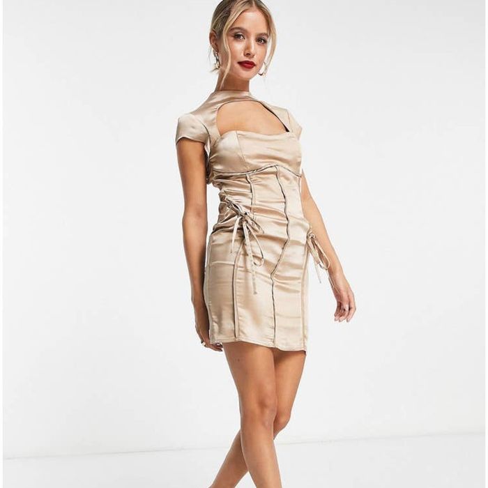 Asos ASOS DESIGN High Neck Seamed Lace-Up Satin Mini Dress Gold | Grailed