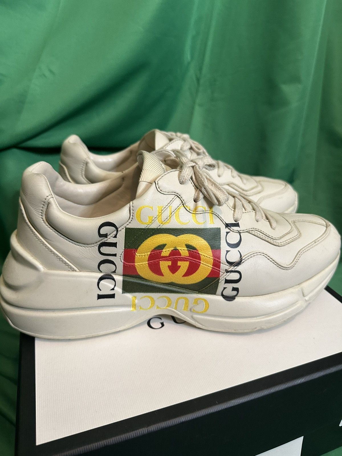 Gucci GUCCI Rhyton retro logo monogram ivory leather sneakers | Grailed