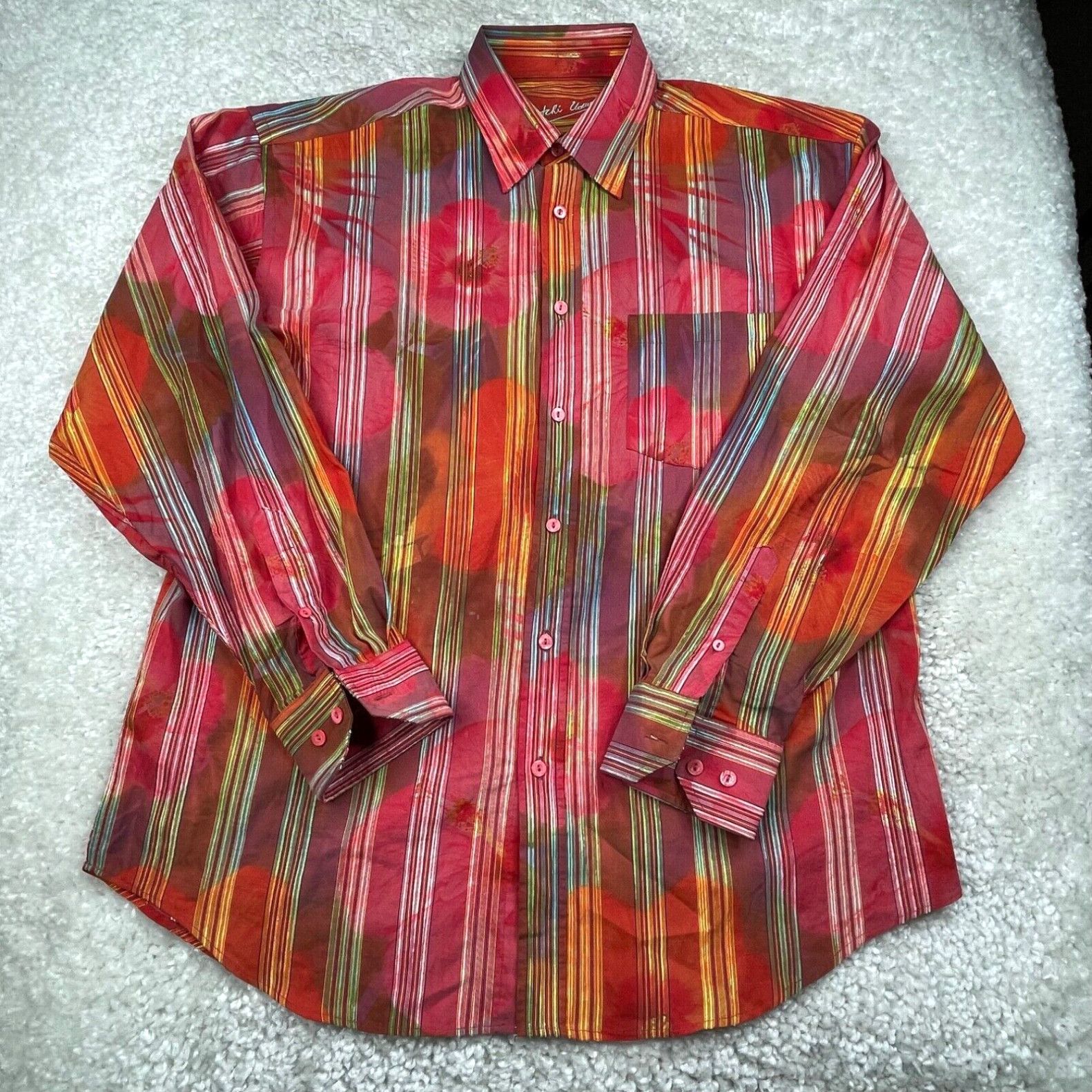 BUGATCHI Bugatchi Uomo Shirt Mens Large Red Floral Stripes Loud Long ...