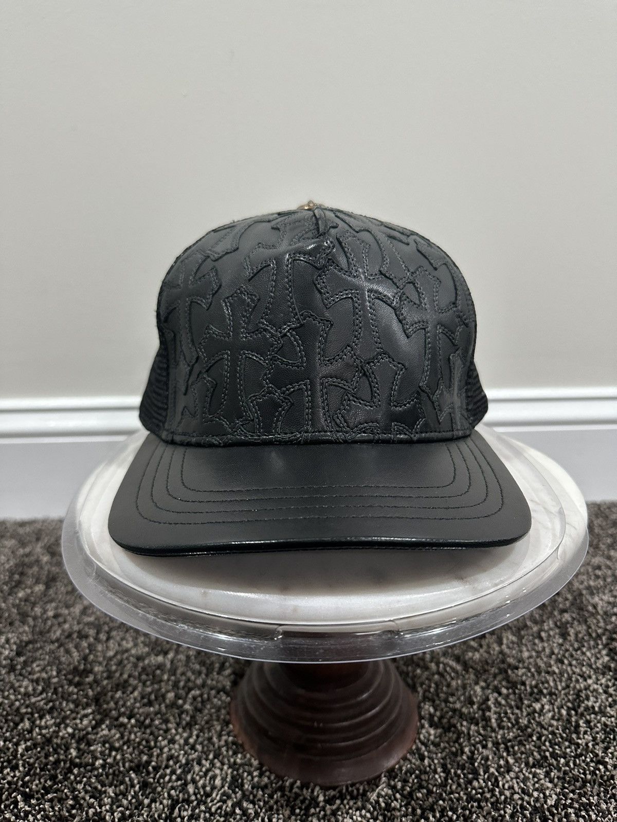 Chrome Hearts Chrome Hearts Leather Cemetery Cross Patch Black Trucker Hat | Grailed