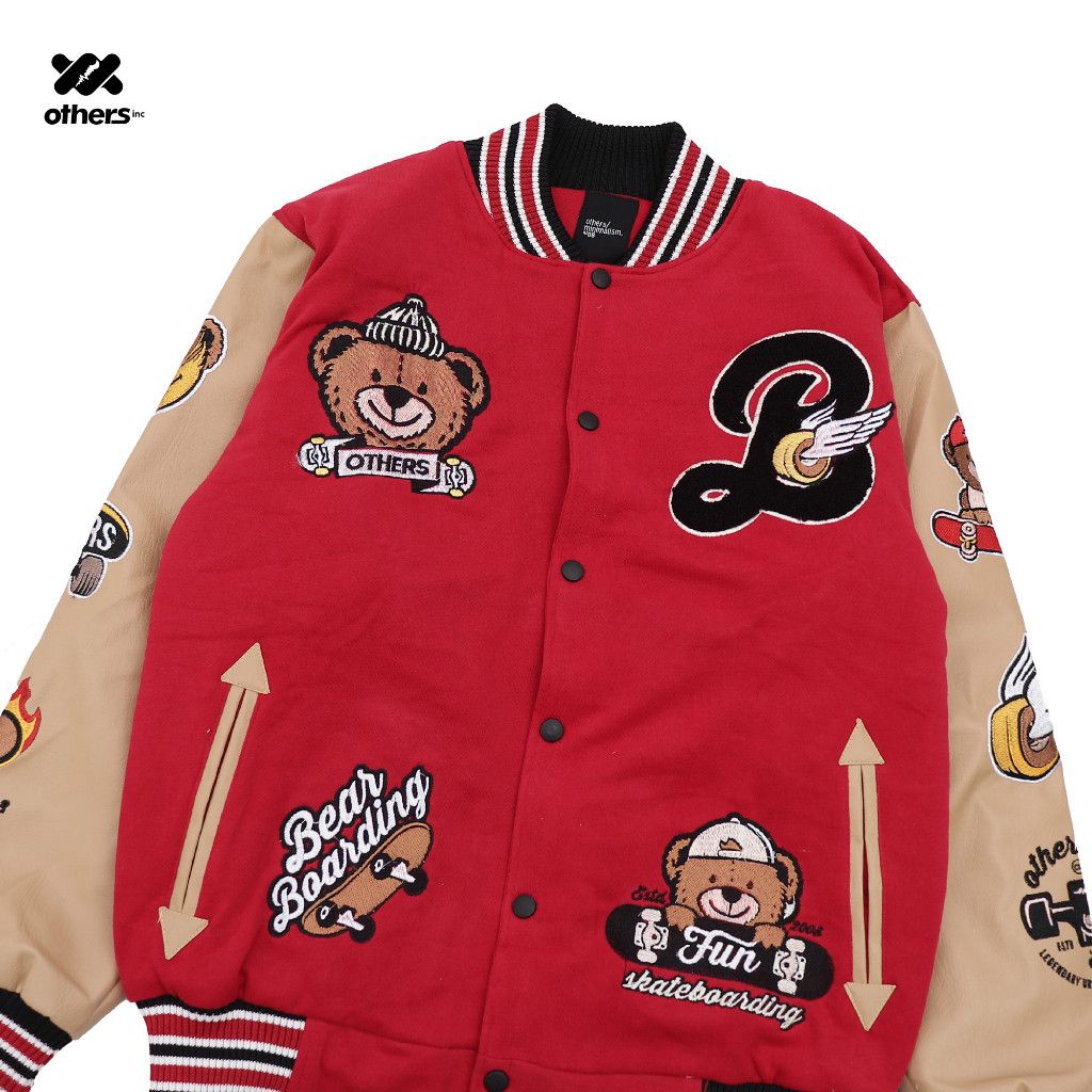 Varsity cartoon bear skateboard varsity bomber | Grailed