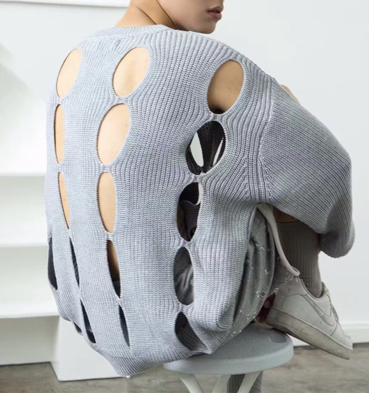 Very Rare Grey crew neck holes knit sweater jumper knitwear | Grailed