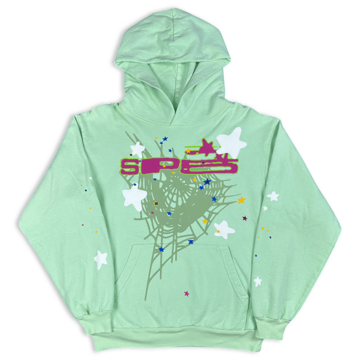 Designer SP5DER SP5 Logo Web Mint Green Star Hoodie Spider Worldwide ...