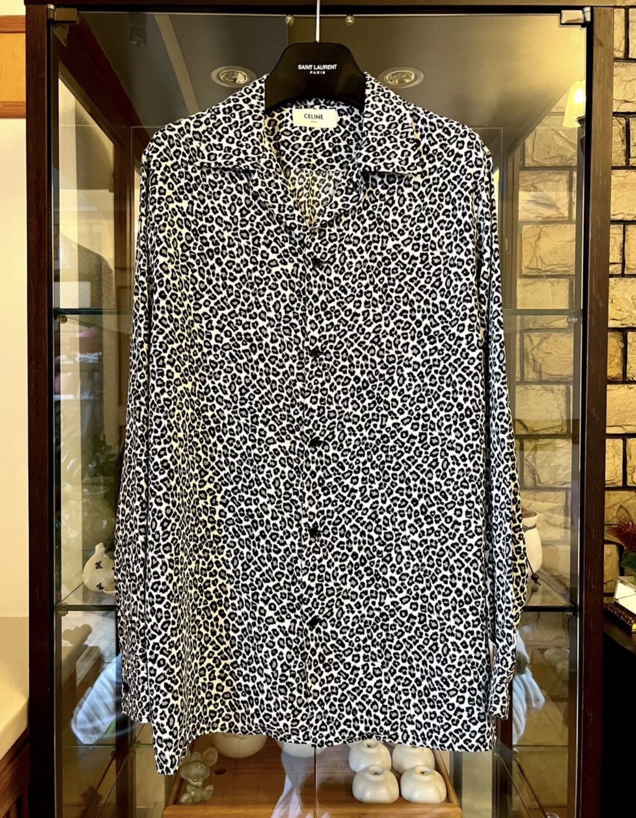 Celine Celine 20ss Black and White Cuban Collar Leopard Silk Shirt ...
