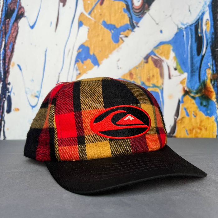 Vintage vtg '90s Quicksilver red, yellow, black flannel snapback hat ...