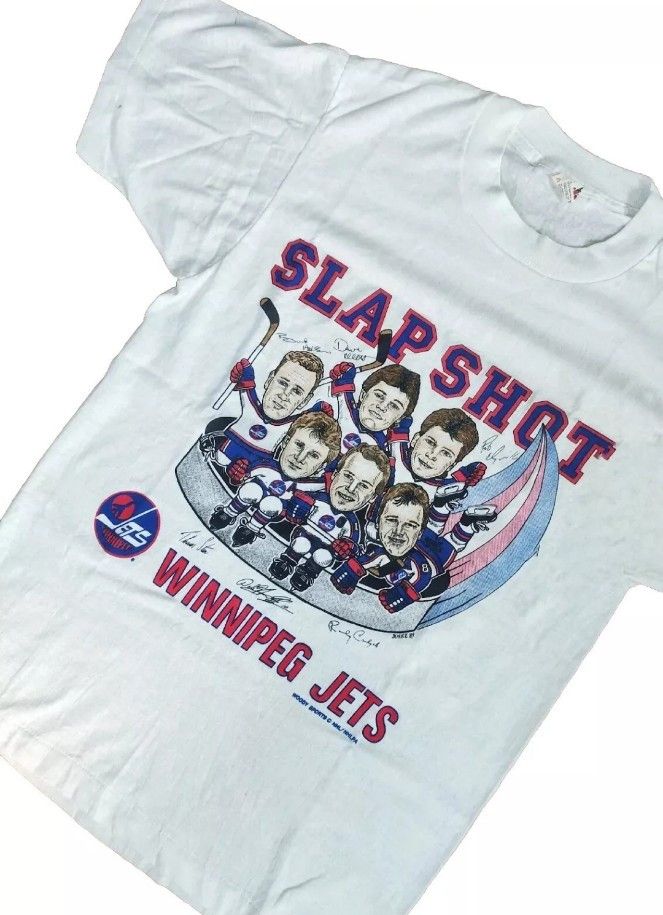 NHL × Vintage Vintage Winnipeg Jets "Slap Shot" Caricature 1989 T-shirt ...