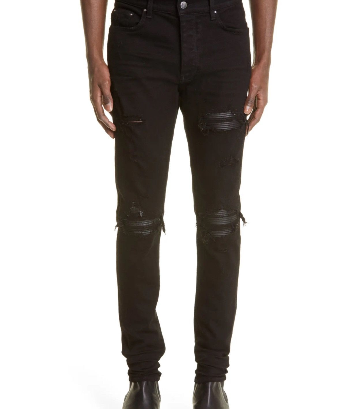 Amiri Amiri Black MX1 Leather Patch Ripped Skinny Jeans | Grailed