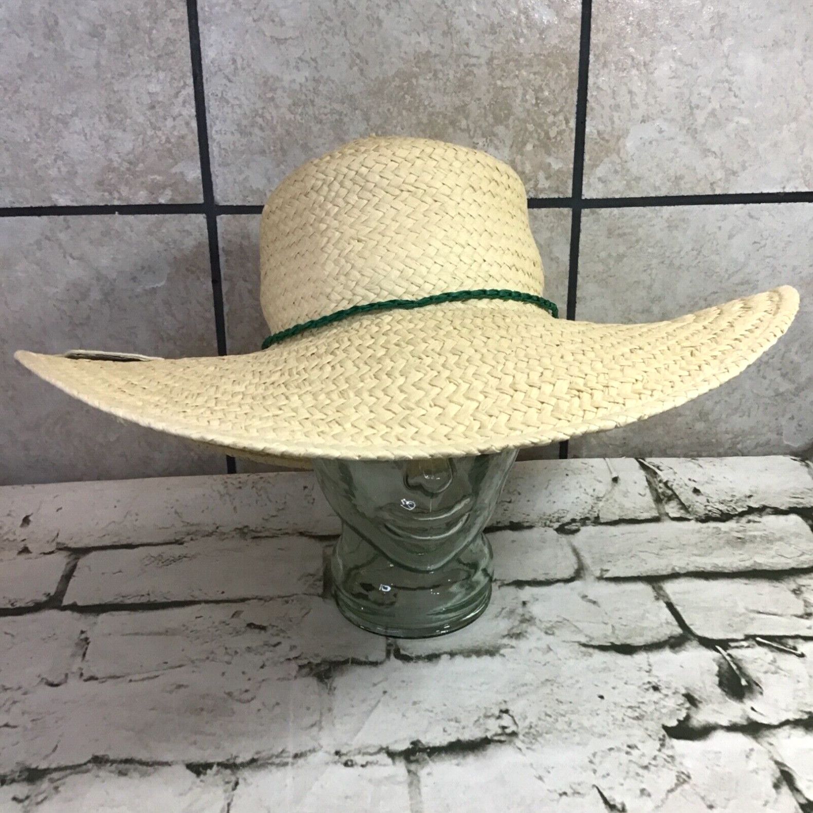 Vintage Oversize Paper Sun Hat Green Foliage Print Tropical Vacation ...