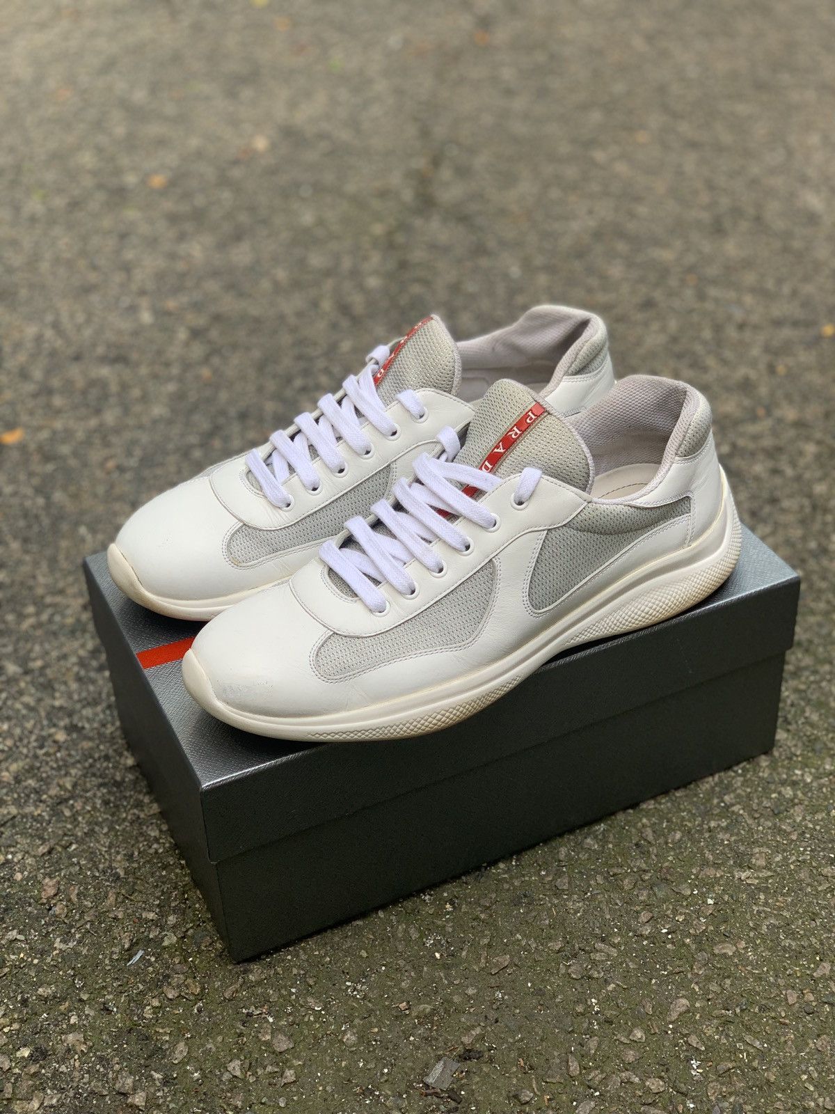 Prada White and Grey Leather Americas Cup Low | Grailed