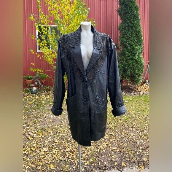 Vintage Vintage Retro Black Leather Floral Suede Mid Length Jacket ...