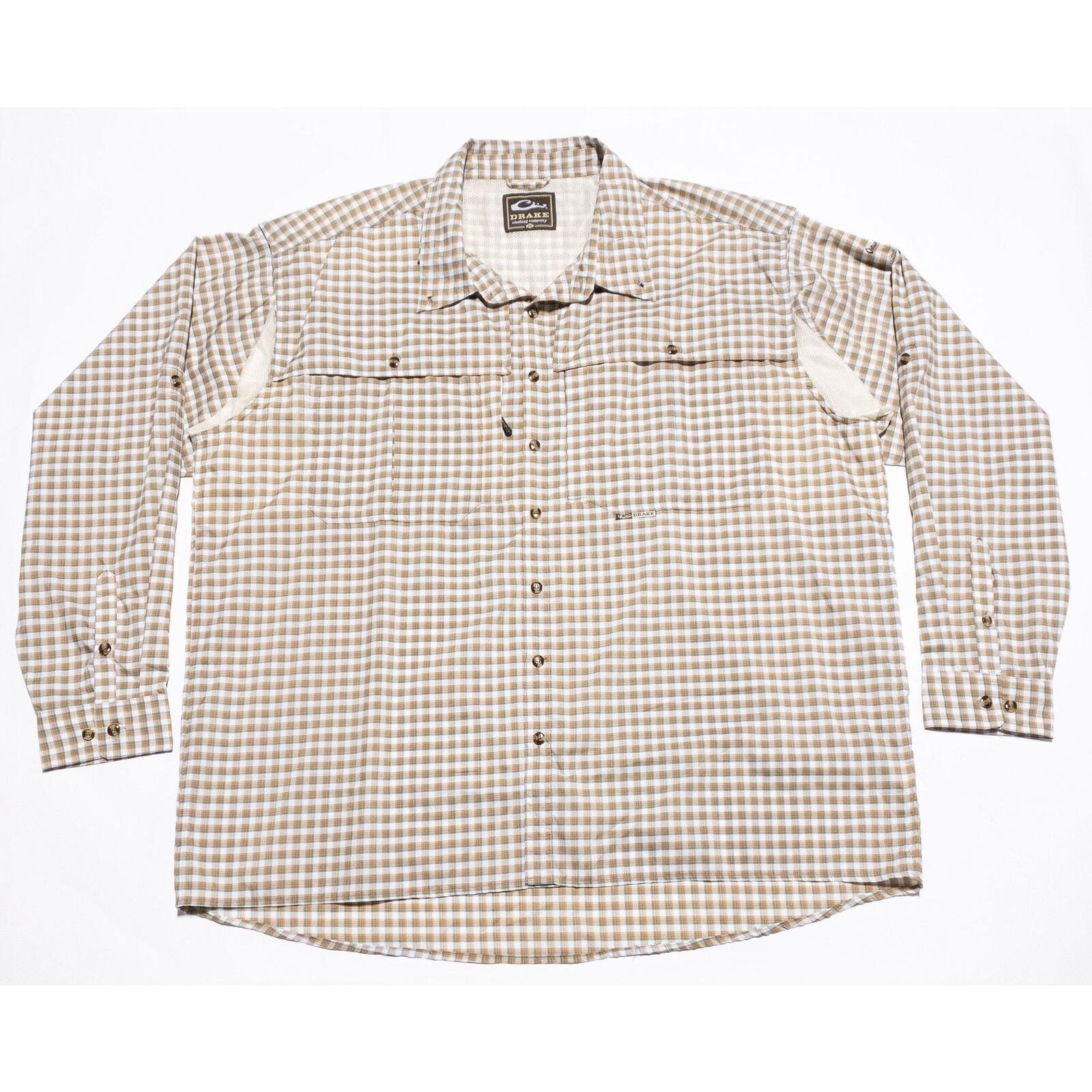 Vintage Drake Fishing Shirt Men's 3X Vented Beige Check Long Sleeve ...
