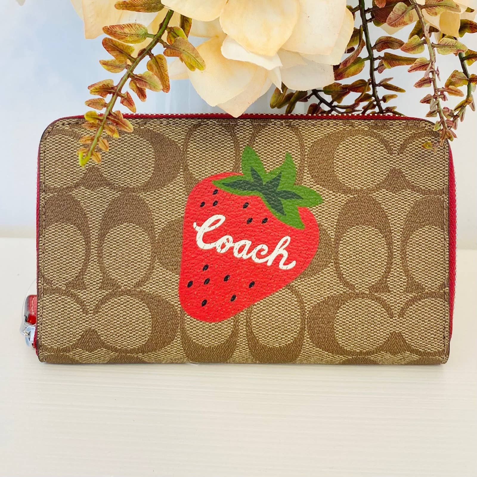 Coach Coach Medium Id Zip Wallet In Signature Canvas Strawberry | Grailed