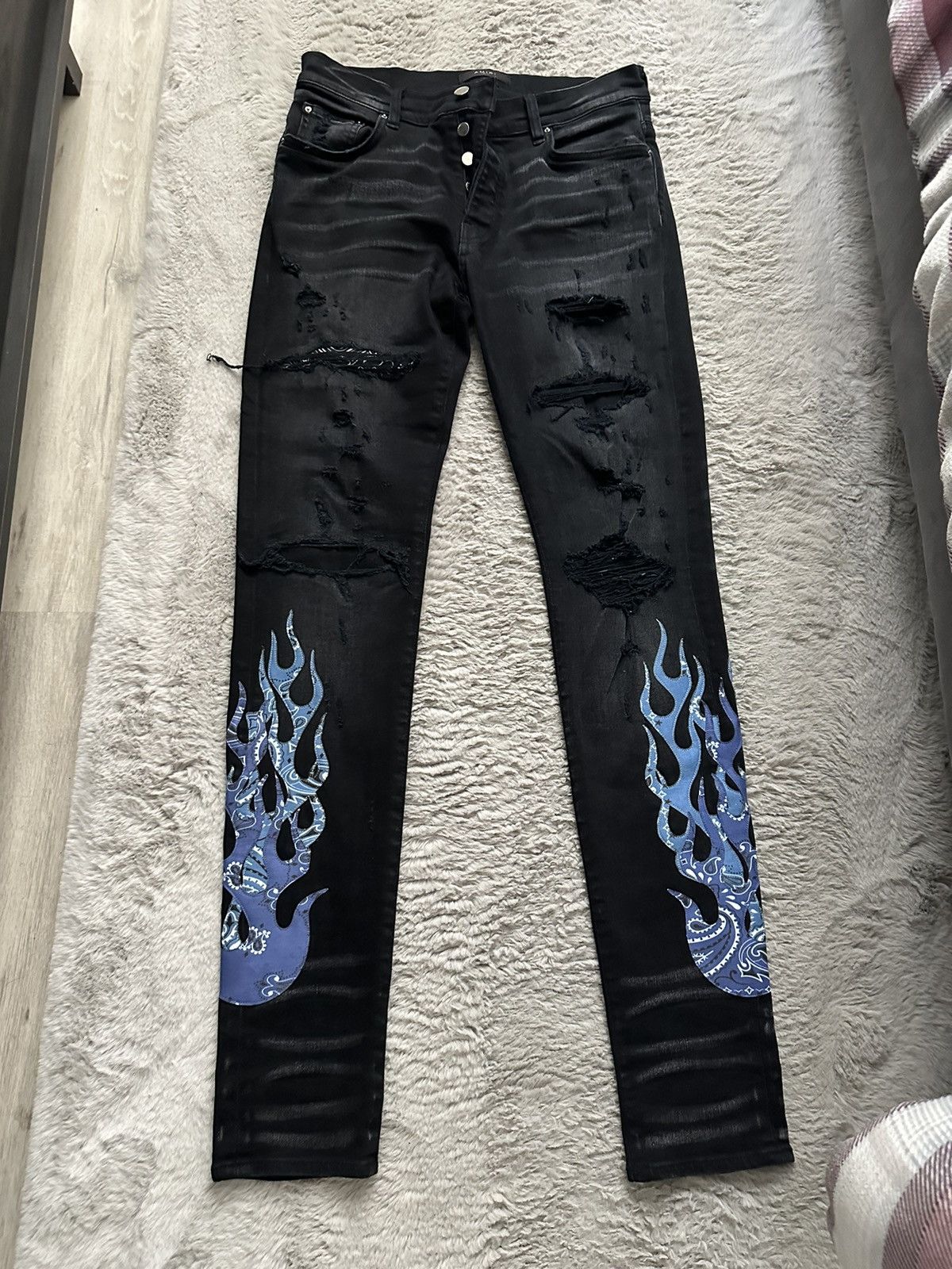 Amiri Amiri black and blue flame jeans | Grailed