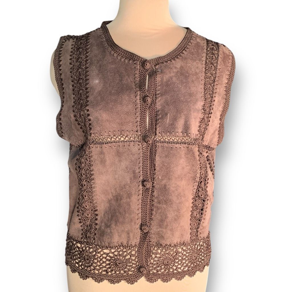 Scully Leather Vintage Scully Brown Suede Leather Crochet Trim Vest ...