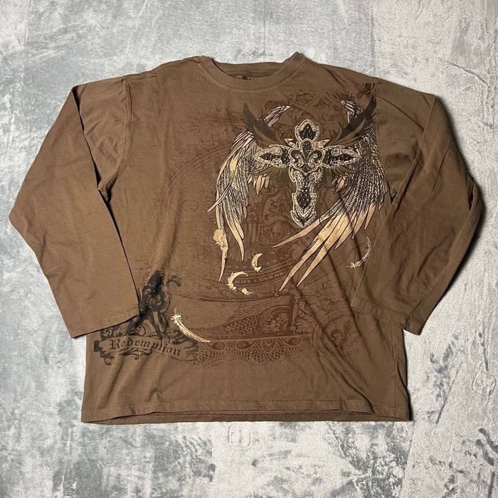 Affliction Vintage Redemption Shirt Mens 2XL XXL Brown Y2K Cross Wings ...