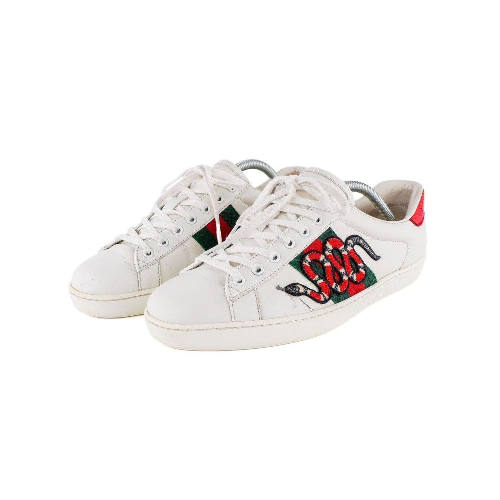 Gucci Gucci Ace Snake Logo Embroidered White Leather Sneakers | Grailed