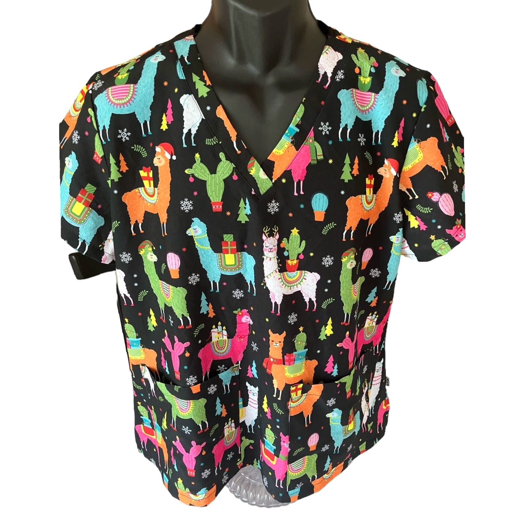 Vintage Wonderful Ava Therese Llamas Cactus Christmas Tree V Neck Scrub ...