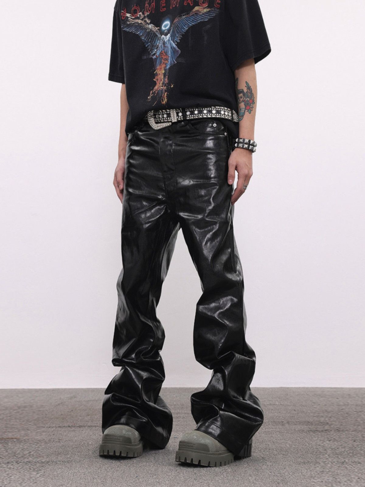 Jean × Streetwear Opium Stack Plated Flared Leather Jeans | Grailed