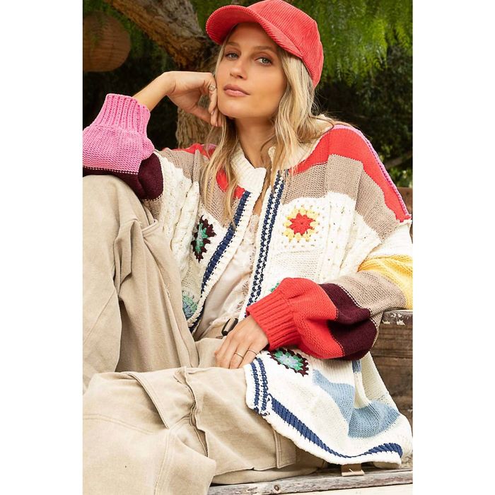 Designer POL Granny Squares Chenille Cardigan In Ivory Multi | Grailed