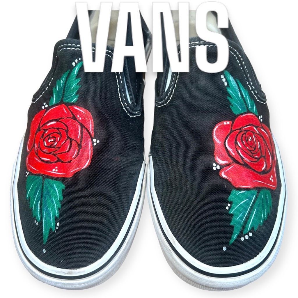 Vans Vans Unisex Custom Painted Red Roses Black Slip-on Sneaker W | Grailed