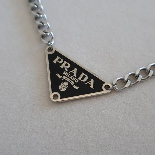 Custom Prada Repurposed Necklace Chain Black Pedant Triangle Silver ...