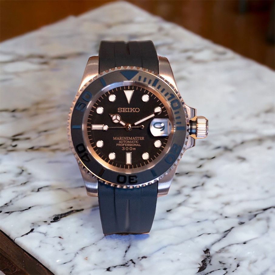 Custom Seiko Mod Yachtmaster Black Dial Rosegold Oysterflex Watch | Grailed