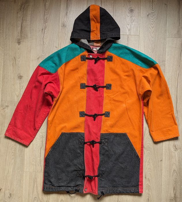 Vintage Color Block Denim Hooded Overcoat with Toggle Buttons | Grailed