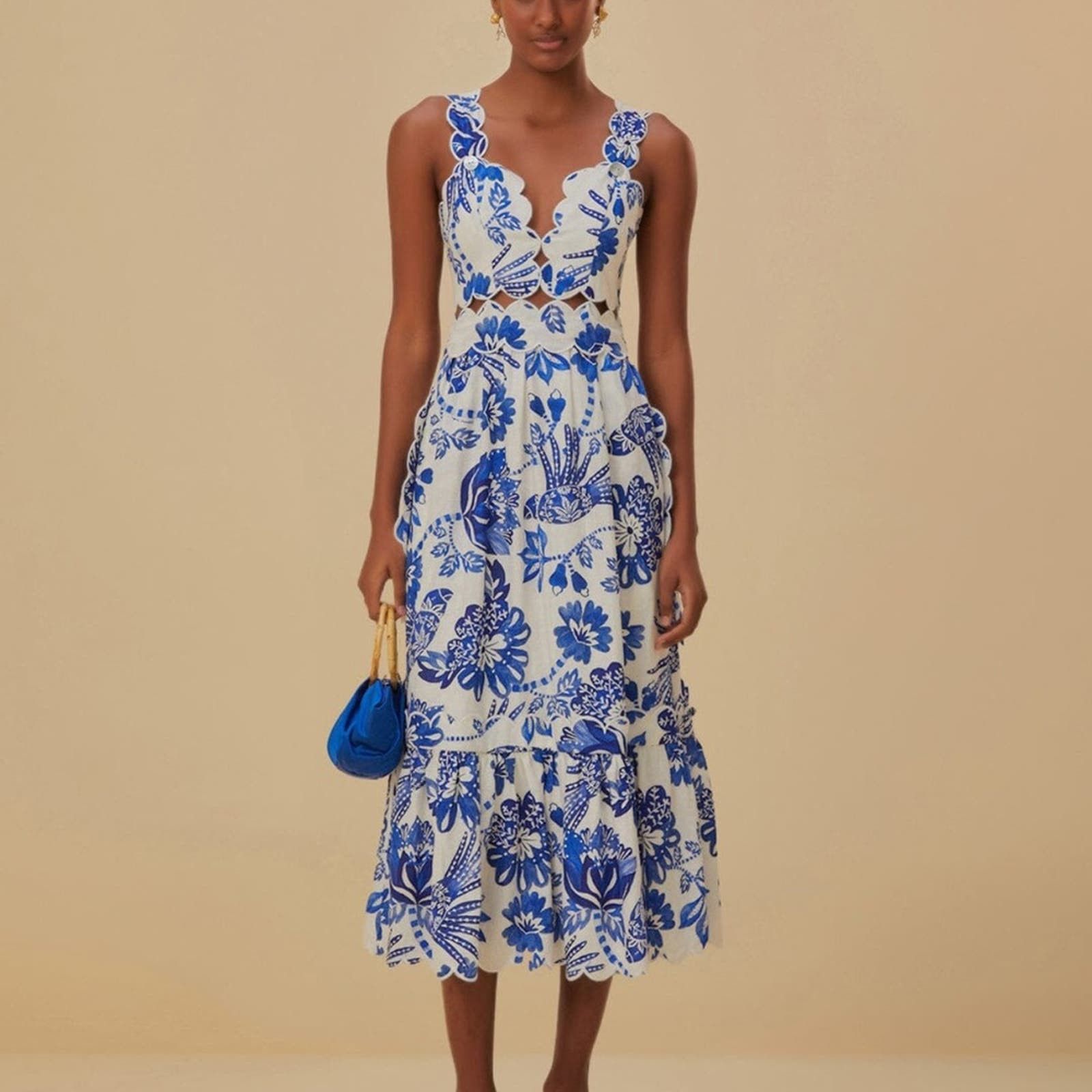 Farm Rio Farm Rio Blue white birds lenzing cut out midi farm rio | Grailed