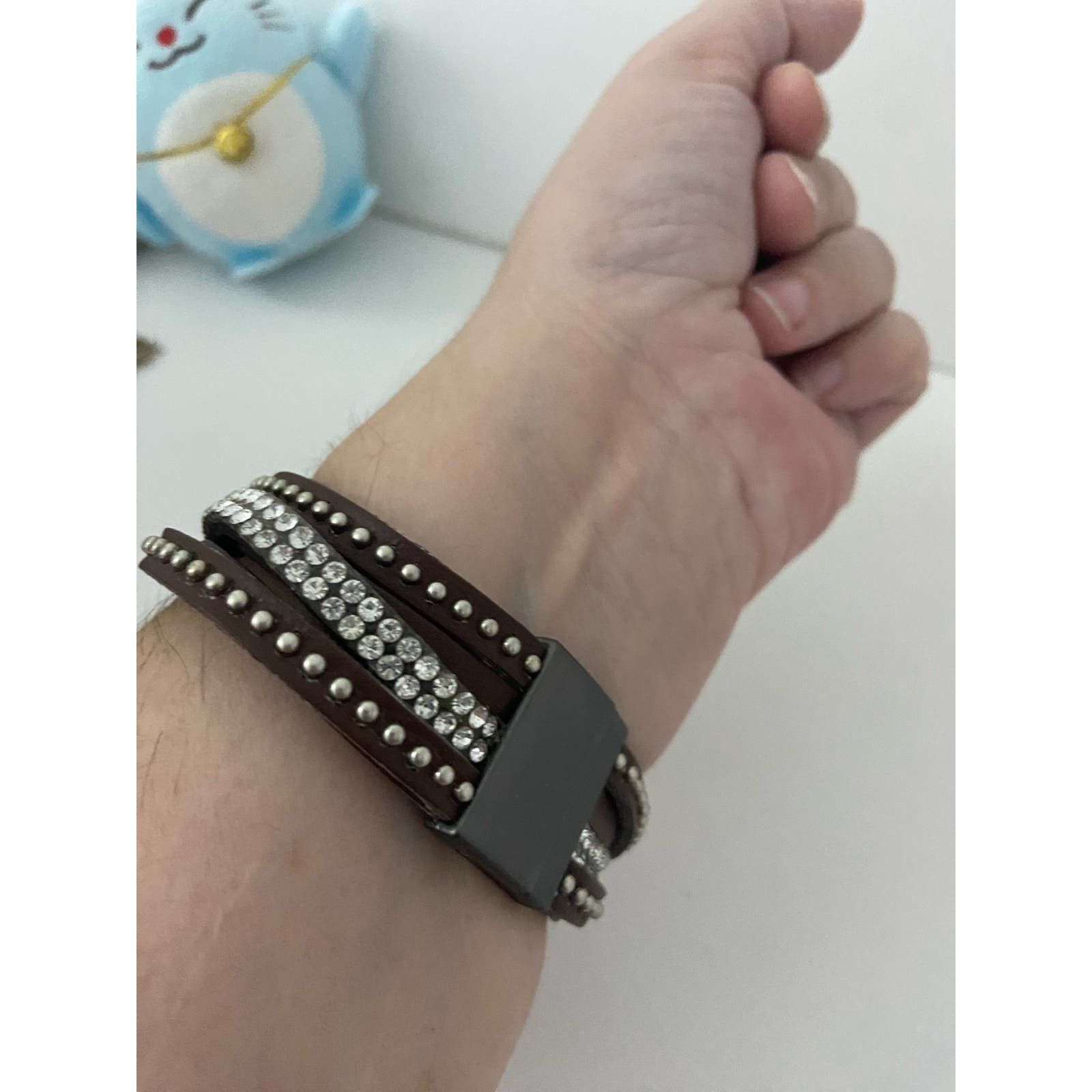 Generic Brown leather cuff bracelet with rhinestones | Grailed