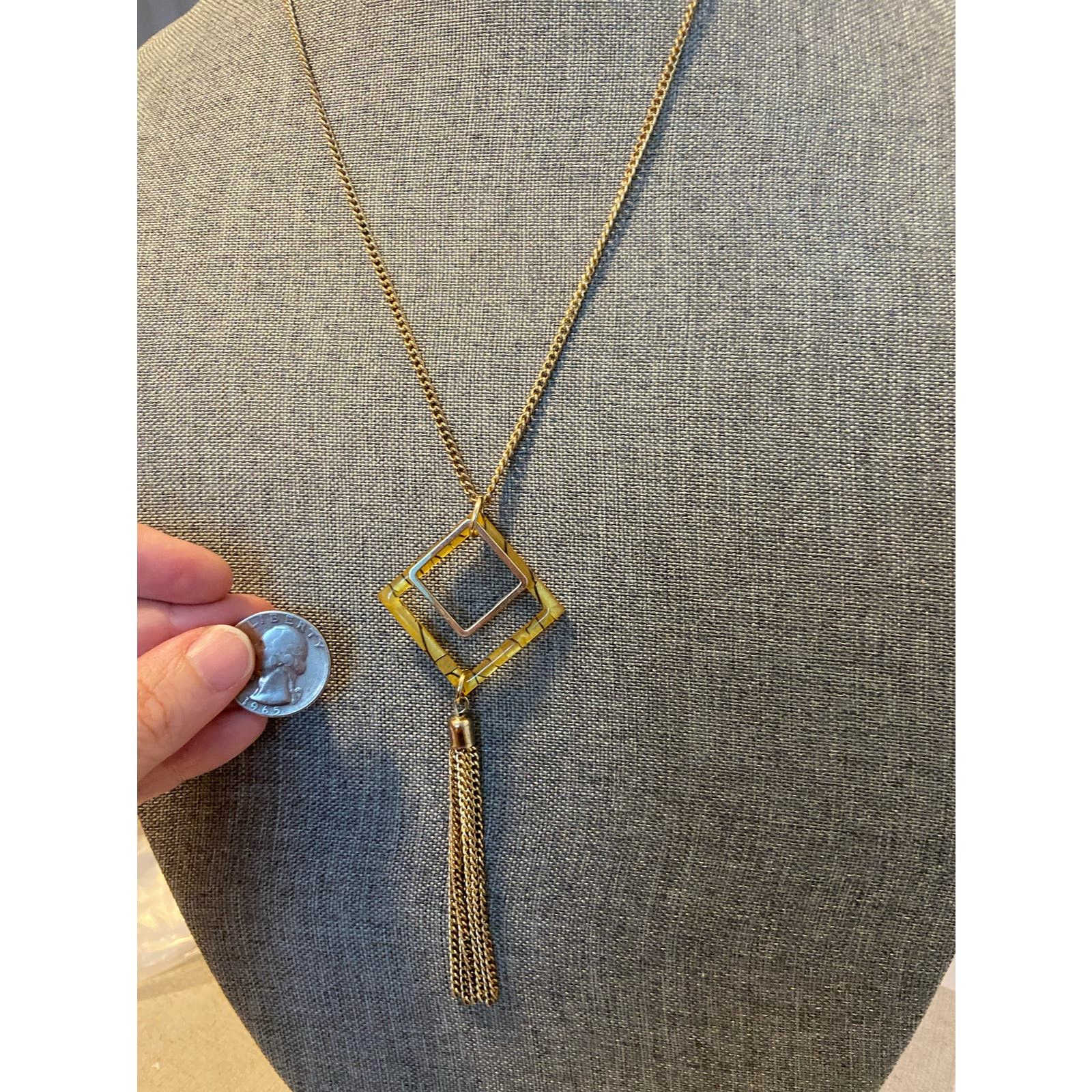 Generic Gold tone tassel fringe necklace yellow Diamond shape | Grailed