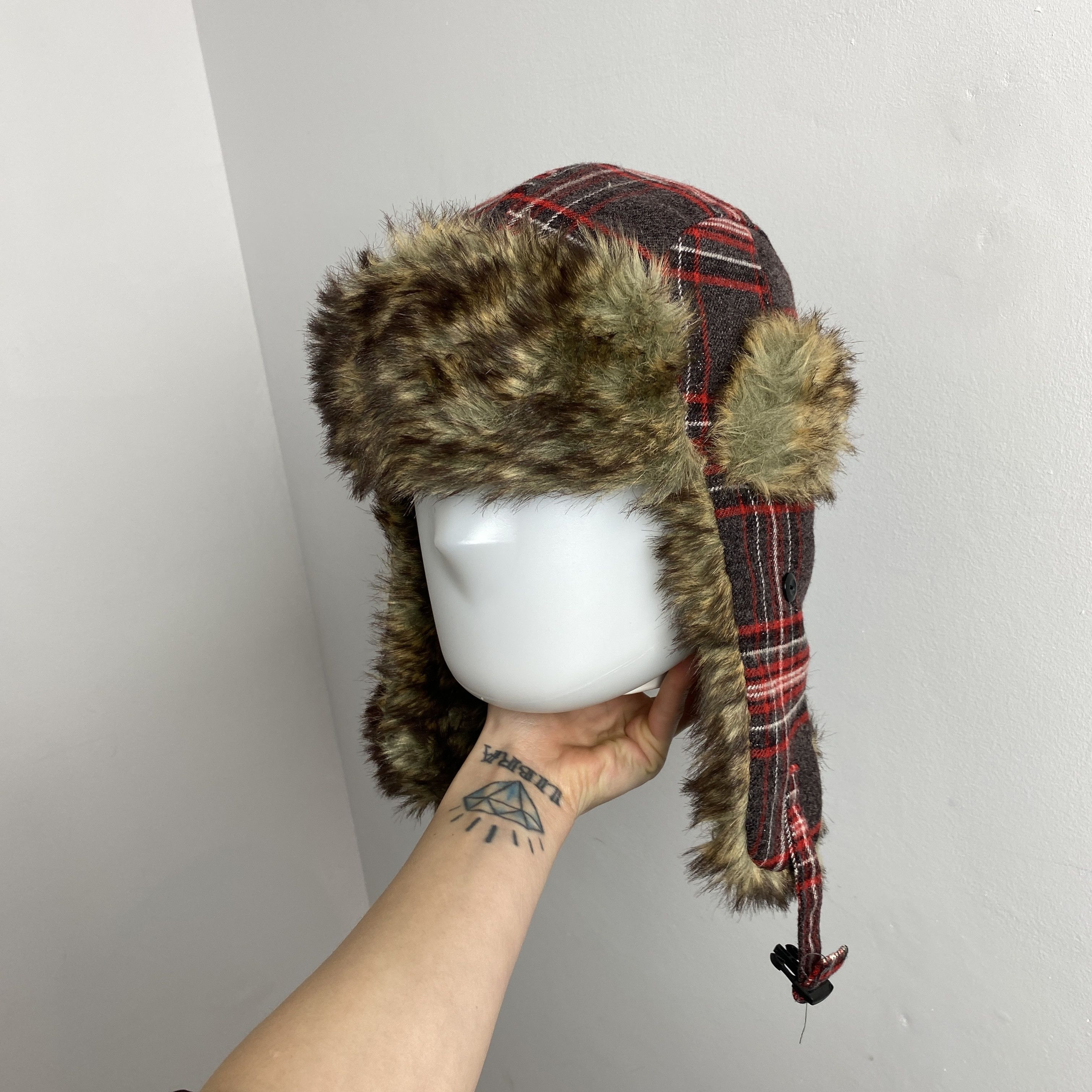 Hat × Streetwear × Vintage Faux Fur Red Checked Trapper Hat | Grailed