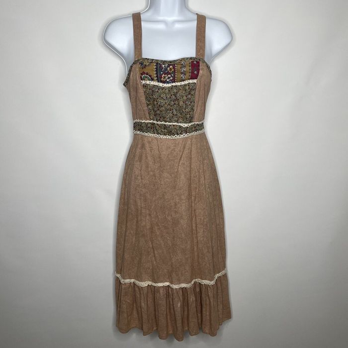 Vintage 70s Timely Trends Tan Velour Calico Lace Prairie Sundress | Grailed