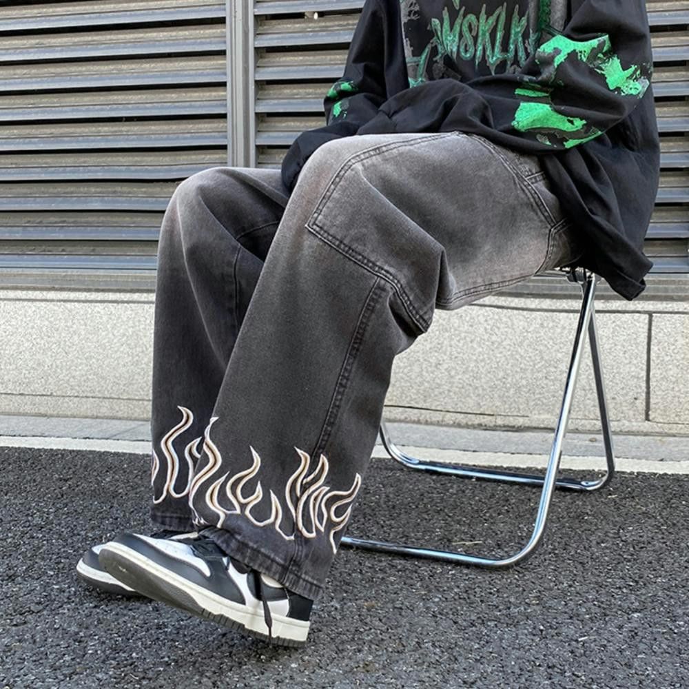 Streetwear Fire Straight Baggy Denim Jeans | Grailed