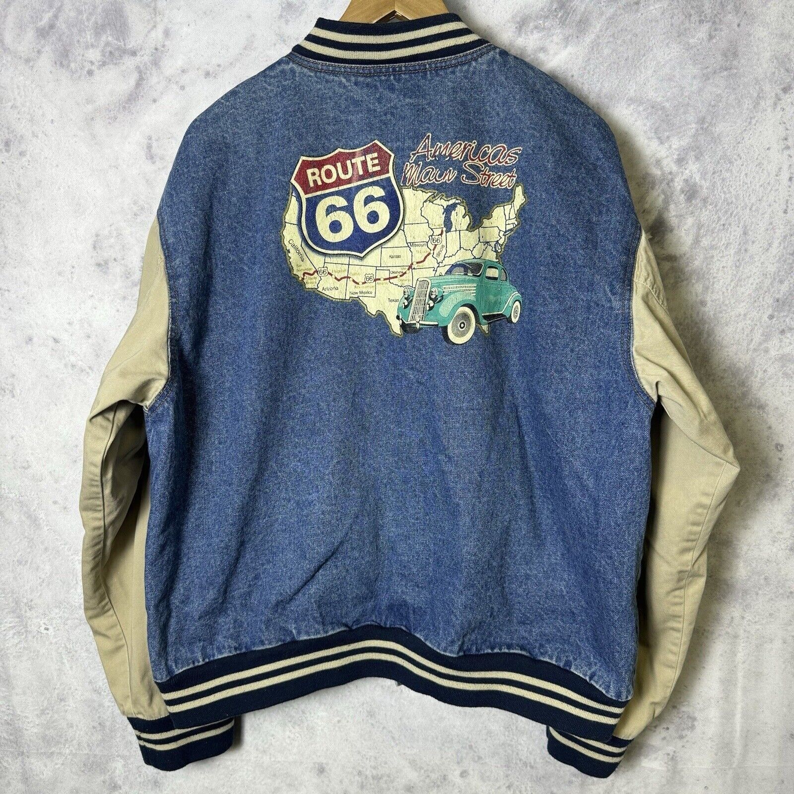 Route 66 Route 66 Varsity Denim Jacket Mens Large Blue Bomber Snap Tr ...