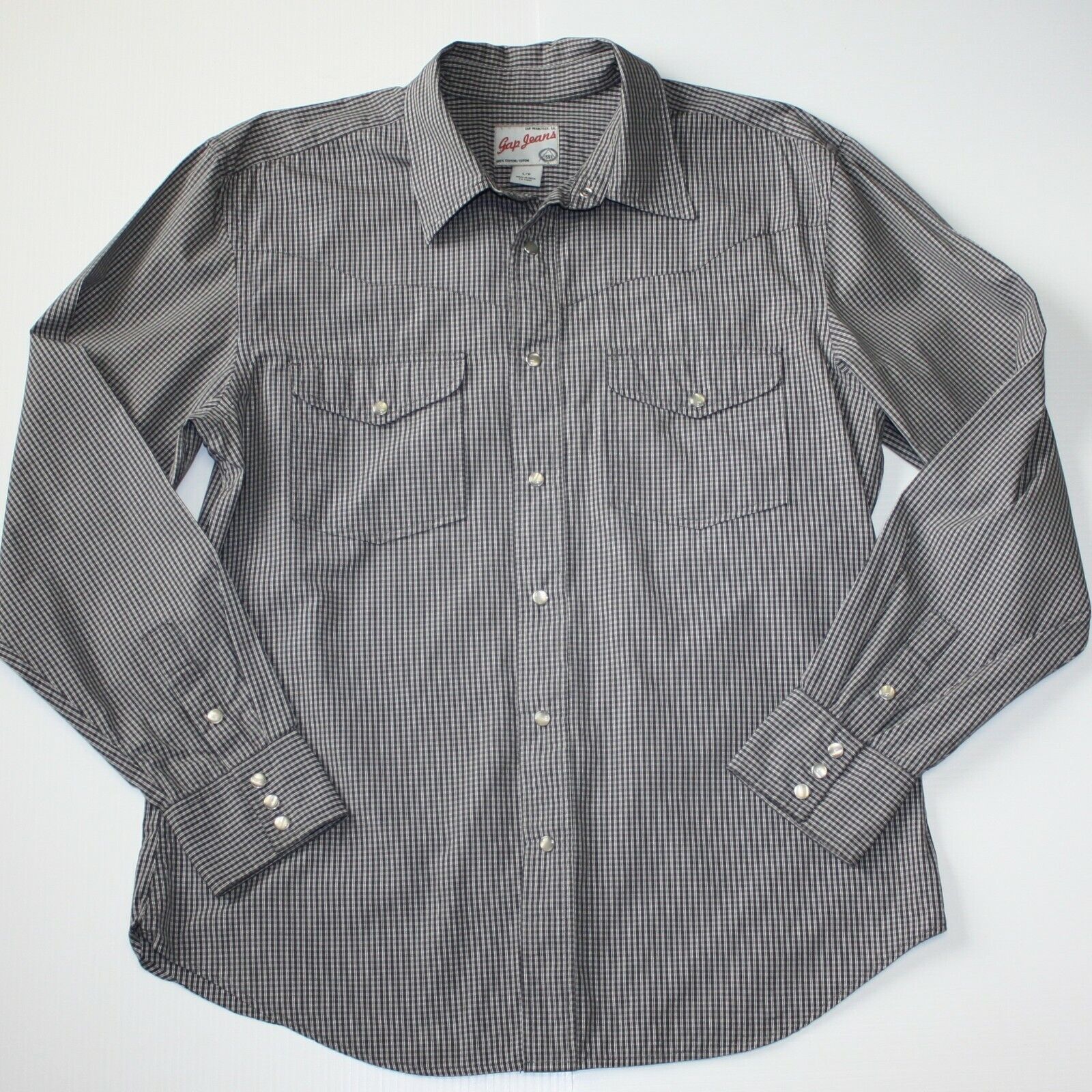 Gap Gray and Black Mini Check Print Snap Front Shirt size Large | Grailed